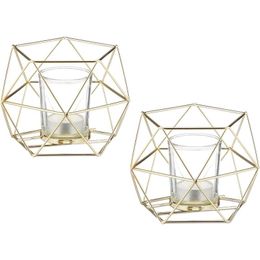 Teelichthalter, 2er Set, Metall, geometrisch, h x b x t: 10 x 13 x 12 cm, Kerzenständer mit Votivglas, gold - Relaxdays