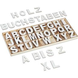 Holzbuchstaben Set, 208-tlg., Großbuchstaben a-z, Deko-Buchstaben zum Basteln & Bemalen, mit Box, weiß - Relaxdays