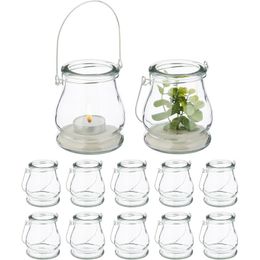 Windlicht, 12er Set, Glas, mit Henkel, innen & außen, Teelichthalter, h x d: 10 x 8,5 cm, transparent/silber - Relaxdays