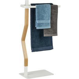 Relaxdays Handtuchständer, 2 Stangen, freistehend, HxBxT: 78 x 40 x 20 cm, Bad Duschtuchhalter, Stahl & MDF, weiß/natur