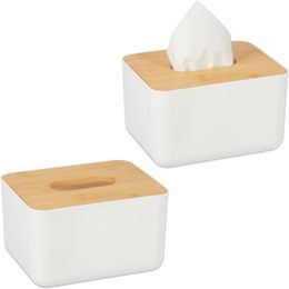 Relaxdays 2 x Tücherbox mit Deckel aus Bambus, fürs Bad, modernes Design, Kunststoff, Taschentuchbox, hbt 10x17x13 cm, weiß/natur