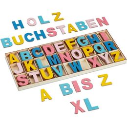 Holzbuchstaben Set, 208-tlg., Großbuchstaben a-z, Deko-Buchstaben zum Basteln & Bemalen, mit Box, bunt - Relaxdays