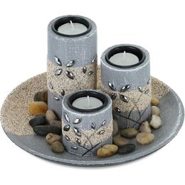 Relaxdays Teelichthalter Set, runde Dekoschale, mit Teelichtern und Steinen, Tischdeko Wohnzimmer, Esszimmer, grau/sand