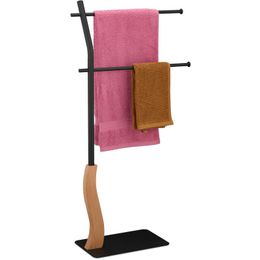 Relaxdays Handtuchhalter stehend, Handtuchständer mit 2 Stangen, für Hand- & Badetücher, Stahl und MDF, schwarz/braun
