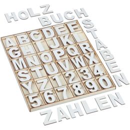 Holzbuchstaben & Holzzahlen, 144-tlg. Set, Großbuchstaben a-z, Zahlen 0-9, 5 cm, Holzdeko zum Basteln, weiß - Relaxdays