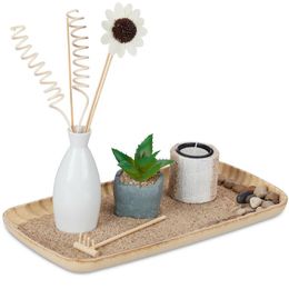 Teelichthalter Set mit Zen Garten, Kerzentablett, Sand & Steine, Kunst-Sukkulente, Tischdeko Wohnzimmer, bunt - Relaxdays