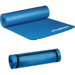 Relaxdays 2 x Yogamatte, 1 cm dick, für Pilates, Fitness, gelenkschonend, mit Tragegurt, Gymnastikmatte 60 x 180 cm, blau