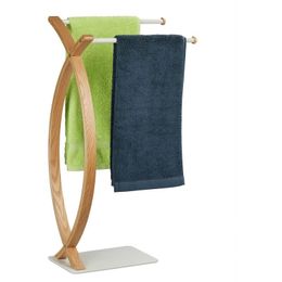 Relaxdays Handtuchhalter, 2 versetzte Stangen, freistehend, Handtuchständer, HBT: 79,5x42x28 cm, Badständer, natur/weiß