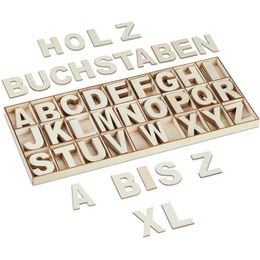 Holzbuchstaben Set, 208-tlg., Großbuchstaben a-z, Deko-Buchstaben zum Basteln & Bemalen, mit Box, natur - Relaxdays