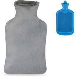 Wärmflasche, 2 Liter, mit Bezug, Kinder & Erwachsene, Gummi, Bettflasche mit Schraubverschluss, blau/grau - Relaxdays
