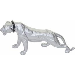 HHG Neuwertig] Deko Figur Panther 59cm, Polyresin Skulptur Leopard, In-/Outdoor silber matt mit Halsband - grey