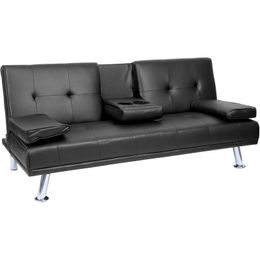 3er-Sofa HHG 179, Couch Schlafsofa Gästebett, Tassenhalter verstellbar 97x166cm Kunstleder, schwarz - black