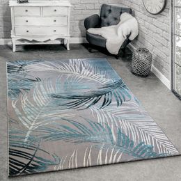 Designer Teppich Modern Wohnzimmer Teppiche 3D Palmen Muster In Grau Türkis Creme 240x340 cm - Paco Home