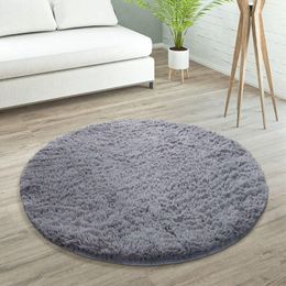 Paco Home - Hochflor Teppich Wohnzimmer Fellteppich Kunstfell Shaggy Flauschig Einfarbig Grau, 160 cm Rund