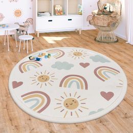 Paco Home Teppich Kinderzimmer Spielmatte Waschbar Rutschfest Regenbogen Planet Tiere Soft 160 cm Rund, Bunt 2