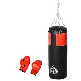 HOMCOM Boxsack-Set Box-Set mit Boxhandschuhen Gefüllt Set für Erwachsene Jugendlichen Hanging Boxing Heavy Bag 16 kg Ø30 x 120 cm Schwarz+Rot - Schwarz