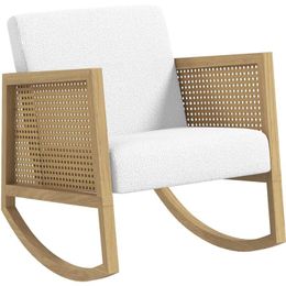 HOMCOM - Schaukelstuhl im Boho-Design, Rattan-Dekor, weiche Polsterung, Stoffbezug, Naturholzrahmen, Creme - Cremeweiß