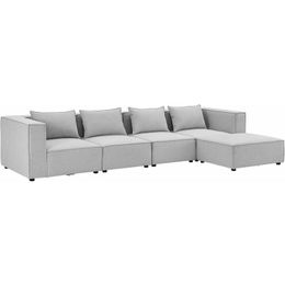 Juskys Modulares Sofa Domas xl - Couch für Wohnzimmer - 4 Sitzer - Ottomane, Armlehnen & Kissen - Ecksofa Eckcouch Ecke - Wohnlandschaft Stoff Hellgrau
