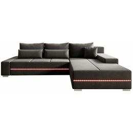 Juskys Sofa Davos Rechts mit Schlaffunktion - Ecksofa für Wohnzimmer mit Bettkasten & LED - Stoff Schlafsofa L Form Couch Beleuchtung - Dunkelgrau