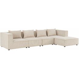 Modulares Sofa Domas xl - Couch für Wohnzimmer - 4 Sitzer - Ottomane, Armlehnen & Kissen - Ecksofa Eckcouch Ecke - Wohnlandschaft Cord Beige - Juskys