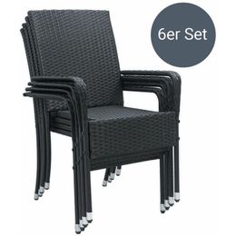 Polyrattan Gartenstühle Yoro 6er Set - mit Armlehnen & Rückenlehne - 6 Stühle stapelbar - Rattan Stuhl Garten - Stapelstuhl Schwarz - Juskys