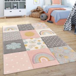 Paco Home - Kinderteppich Teppich Kinderzimmer Spielteppich Regenbogen Wolken Rosa Grau Weiß 133 cm Quadrat