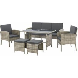 Juskys Polyrattan Gartenmöbel Sitzgruppe Turin Set 6 teilig - 7 Personen - Outdoor Möbel mit Sessel, Hocker, Tisch & Kissen - Garten Loungemöbel Grau