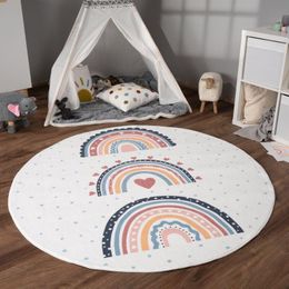 Paco Home Teppich Kinderzimmer Kinderteppich Kurzflor Rutschfest Herzen Sonne Regenbogen 160 cm Rund, Bunt 2