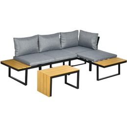 Gartenmöbel-Set für 3 Personen Balkonmöbel mit Sitzkissen, Aluminiumrahmen, Holzoptik, Dunkelgrau+Natur - Hellgrau - Outsunny