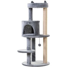 PawHut - Katzenbaum 4-Stock Katzenhöhle Katzenhaus mit Spielbällen Sitzstange Sisalsäule und Kratzbrett groß stabil luxuriös Sisal Plüsch Grau