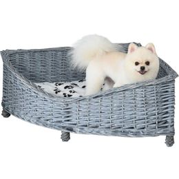 PawHut Hundesofa aus Ratten Haustierbett für kleine Katzen und Hunde Haustiersofa Katzensofa Weichem Bezug Eck Hundebett Hundecouch Weide Plüsch Grau 68 x