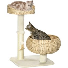 PawHut Kratzbaum, zwei Katzenbetten mit waschbaren Kissen, zwei Kratzstämme, Spielball, beige+cremeweiß, 48 x 48 x 72cm - Beige+Cremeweiß