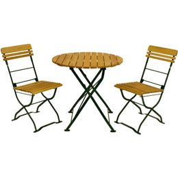 DEGAMO - Biergarten - Garnitur münchen 3-teilig (2x Stuhl, 1x Tisch rund 77cm), Flachstahl grün + Robinie - braun