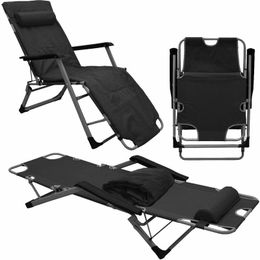 AMANKA - Liegestuhl mit Auflage und Kopfkissen 178 cm Garten Camping Sonnenliege Schwarz - schwarz