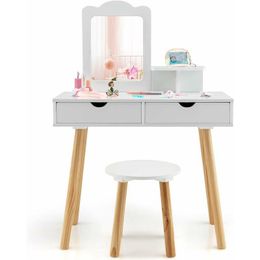 Costway Kinder Schminktisch Set, 2 in 1 Frisiertisch Schreibtisch & Hocker mit abnehmbarem Spiegel, 2 Schubladen, Kamm, Schminkkommode Holz für Mädchen im