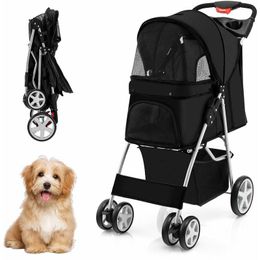 Costway - Hundewagen Haustiere Buggy bis 15kg, Hundebuggy mit Netzfenstern & Getränkehalter & Anhänger, Katzenbuggy für kleine Hunde Katzen Schwarz