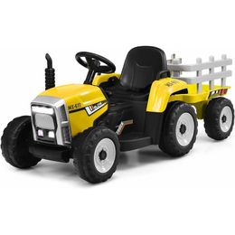 Costway 12V 3-Gang Traktor mit abnehmbarem Anhänger und 2,4G Fernbedienung, Kinder Aufsitztraktor mit led Lichtern, Musik, Hupe & usb Funktionen, geeignet