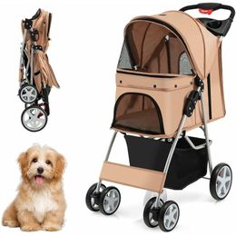 Costway - Hundewagen Haustiere Buggy bis 15kg, Hundebuggy mit Netzfenstern & Getränkehalter & Anhänger, Katzenbuggy für kleine Hunde Katzen Beige