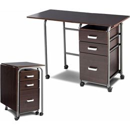 Costway Klappbarer Computertisch mit 3 Schubladen und Rollen, Schreibtisch mit Metallrahmen, platzsparender Bürotisch, Klappschreibtisch für kleine