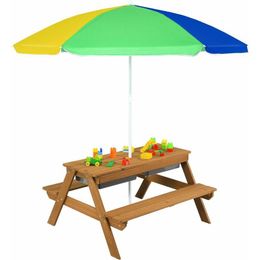 Costway 3 in 1 Kinder Picknicktisch mit Sonnenschirm & Bänke, Kindersitzgruppe aus Holz mit Abnehmbarer Tischplatte & 2 Spielboxen, Sitzgarnitur