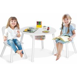 3-tlg. Kindersitzgruppe mit Stauraum,Kindertisch rund mit 2 Stühle, aus Holz, Kindermoebel-Set, Weiss - Costway