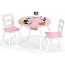 3-tlg. Kindersitzgruppe mit Stauraum,Kindertisch rund mit 2 Stühle, aus Holz, Kindermoebel-Set,Pink - Costway