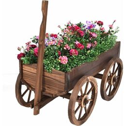 Blumenwagen Holz, Pflanzwagen mit 4 Raedern, Blumenkarre Pflanztopf Bollerwagen Garten Dekoration braun 120x43x53,5cm - Costway