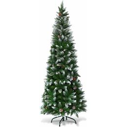 Costway 220cm Künstlicher Bleistift Weihnachtsbaum mit Kiefernzapfen, schneebedeckter Tannenbaum mit Metallstaender, Christbaum pvc Nadeln, Kunstbaum