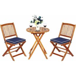 Costway - 3-TLG. Terrassenmöbel-Set, Gartenmöbel-Set klappbar mit Rundem Tisch & 2 Stühlen, Ergonomische Sitzgarnitur aus Akazienholz mit 2 Kissen,