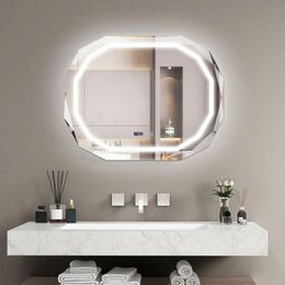Costway - beleuchteter Badspiegel Antibeschlag, LED-Badezimmerspiegel mit 3-farbigem LED-Licht, Speicherfunktion, Zeit- & Temperaturablesung,
