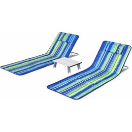 2 x Strandmatte mit Beistelltisch, Kopfkissen & Staufach, 5 Stufen verstellbare Rückenlehne, faltbar, Strandliege Matte, Sonnenliege Grün - Costway