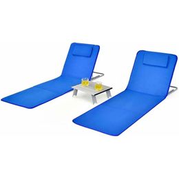 2 x Strandmatte mit Beistelltisch, Kopfkissen & Staufach, 5 Stufen verstellbare Rückenlehne, faltbar, Strandliege Matte, Sonnenliege Blau - Costway