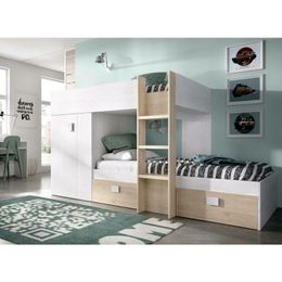 Dmora - Kinderbett Dbajram, komplettes Schlafzimmer mit Kleiderschrank und Schubladen, Etagenbettkomposition mit zwei Einzelbetten, 271 x 111 x 150