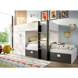 Kinderbett Cevedale, Komplettes Schlafzimmer mit Kleiderschrank und Schubladen, Etagenbettkomposition mit zwei Einzelbetten, 271x111h150 cm, Weiß und